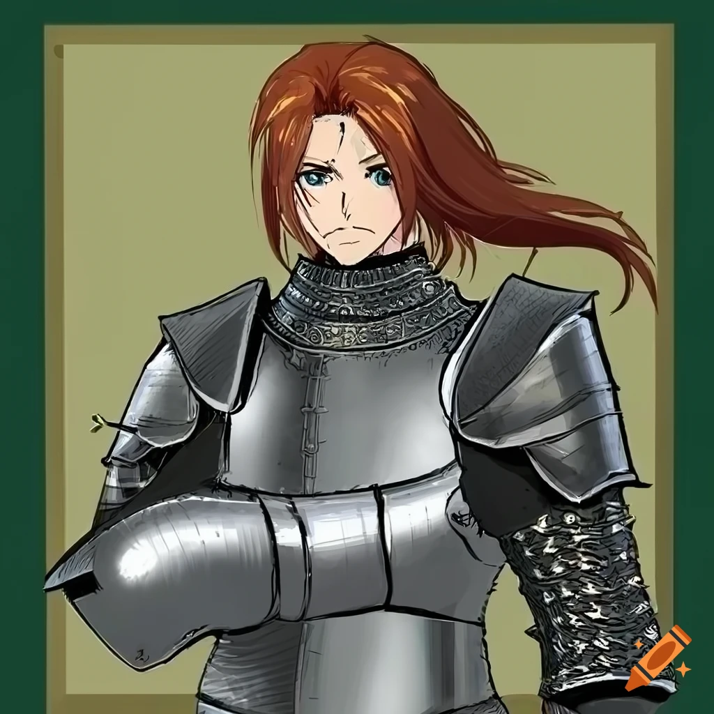 Knight with fiery red hair and amber eyes in medieval armor on Craiyon