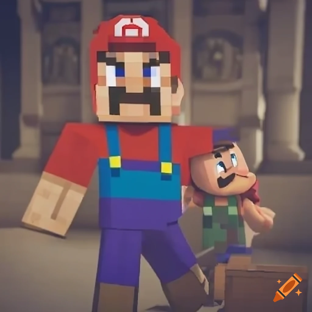 Mario and Luigi meeting Steve and Alex in a crossover scene on Craiyon