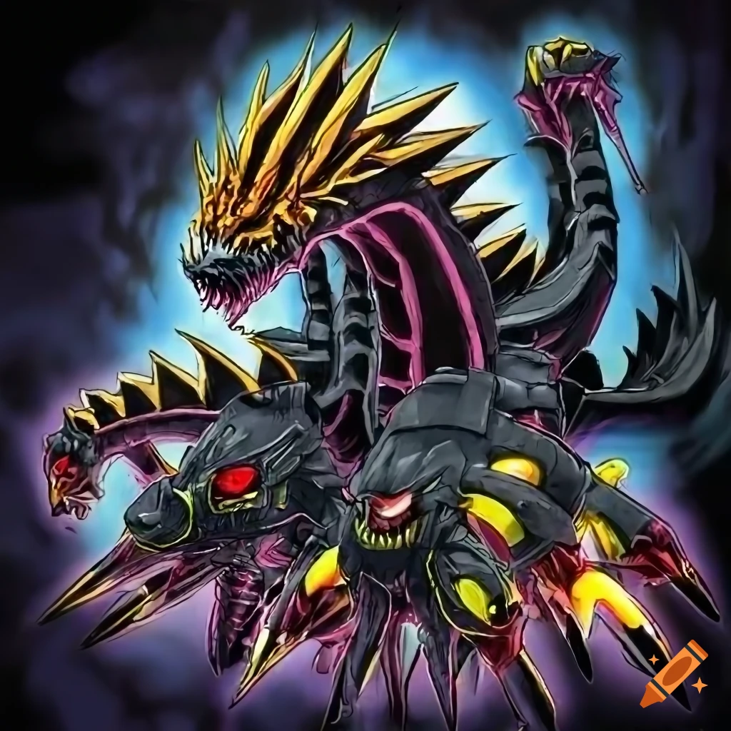 Jet black hydra with red eyes and yellow claws in Yu-Gi-Oh Art Style on Craiyon