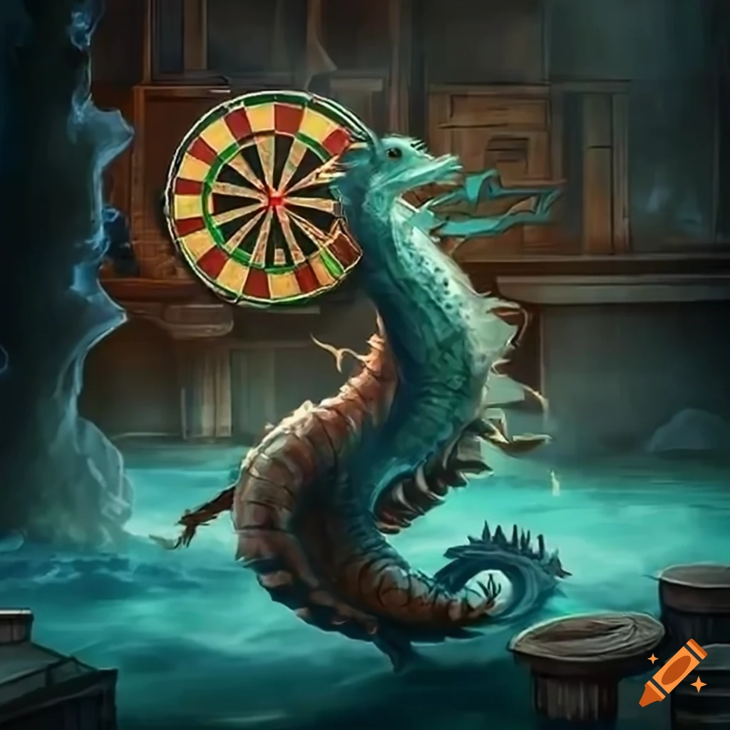 Sea monster aiming and throwing darts in a tavern on Craiyon