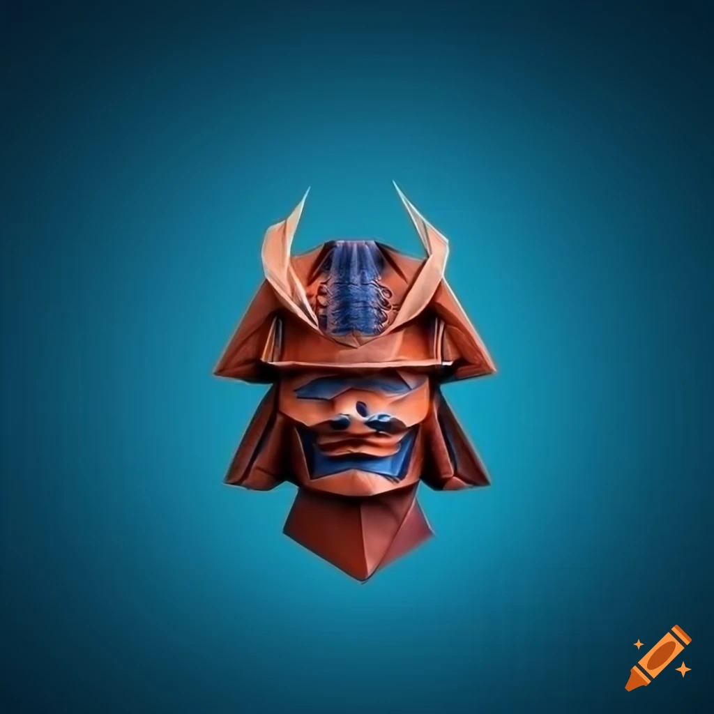 Origami high poly samurai head on blue wood background on Craiyon