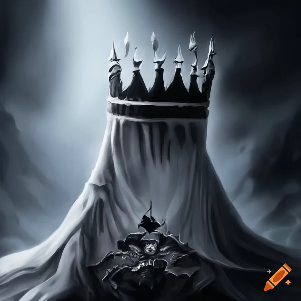 Dreamlike white king piece behind fallen black king piece on Craiyon