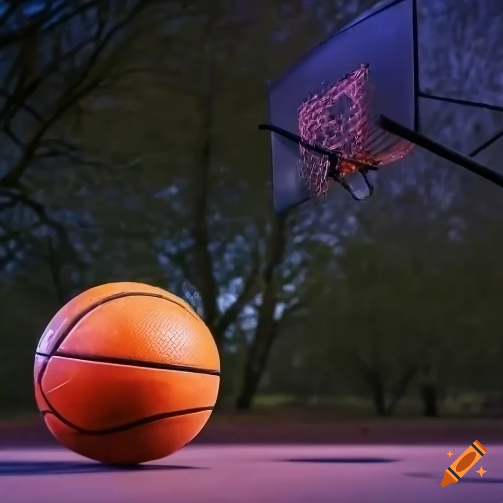Basketball court under evening lights with glowing basketball, starry ...