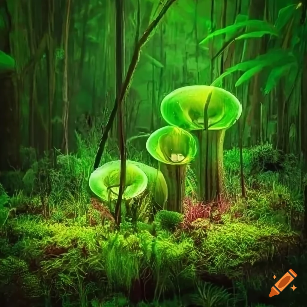 Glowing green carnivorous plant in a hauntingly beautiful forest on Craiyon