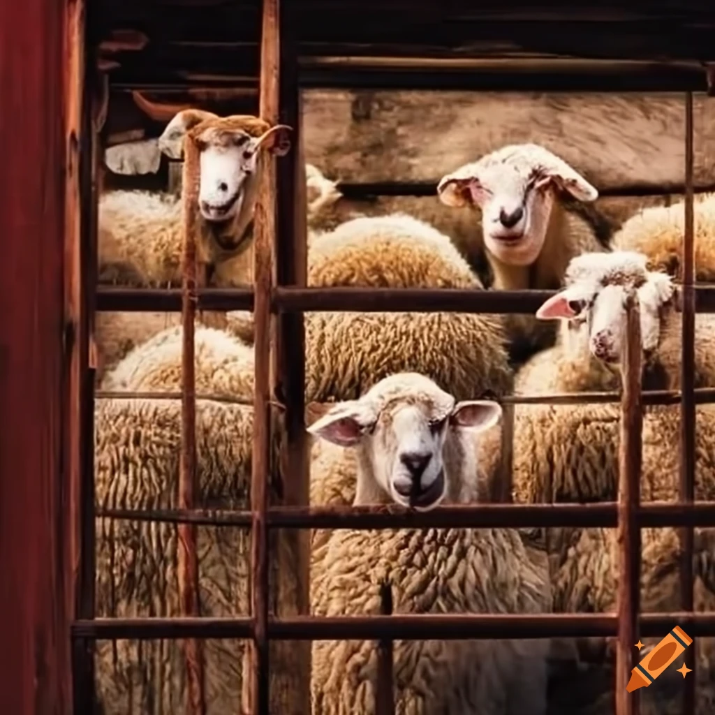 Hundreds of sheep being transported in rustic boxcars on Craiyon