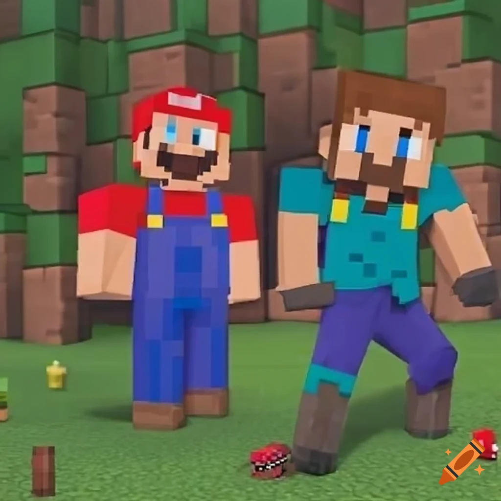 Mario and luigi meeting steve and alex from a popular video game on Craiyon