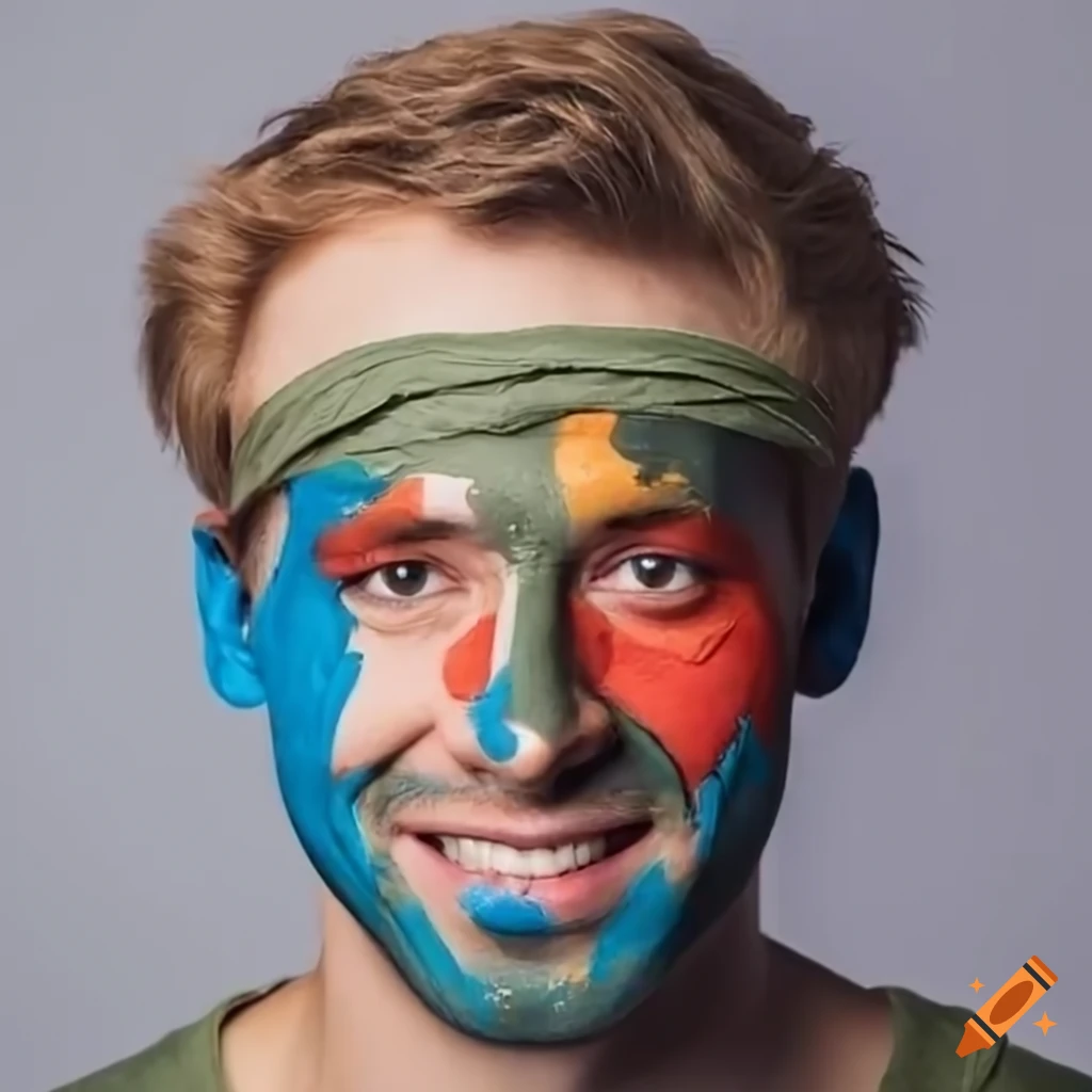 Man smiling with painted army colors on his face on Craiyon