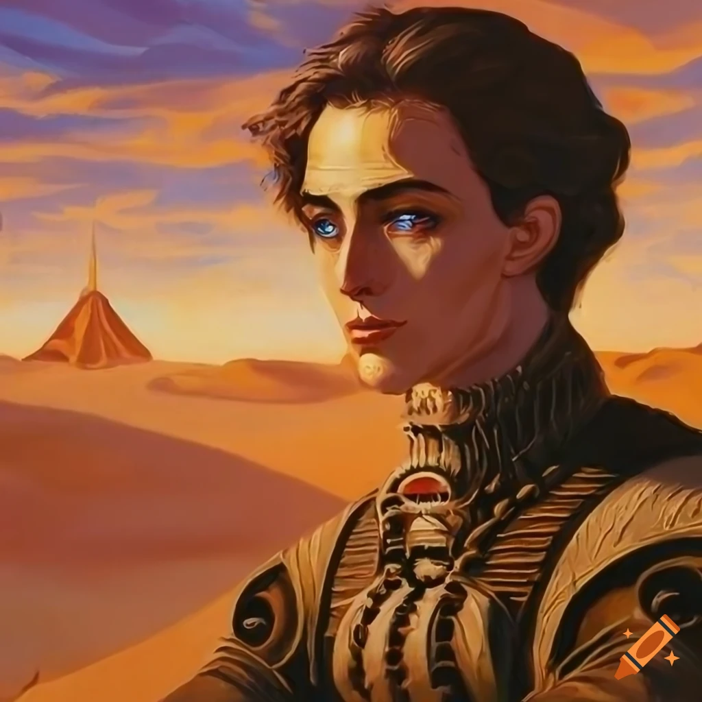Intricate scene of paul atreides with blue eyes in a desert setting ...