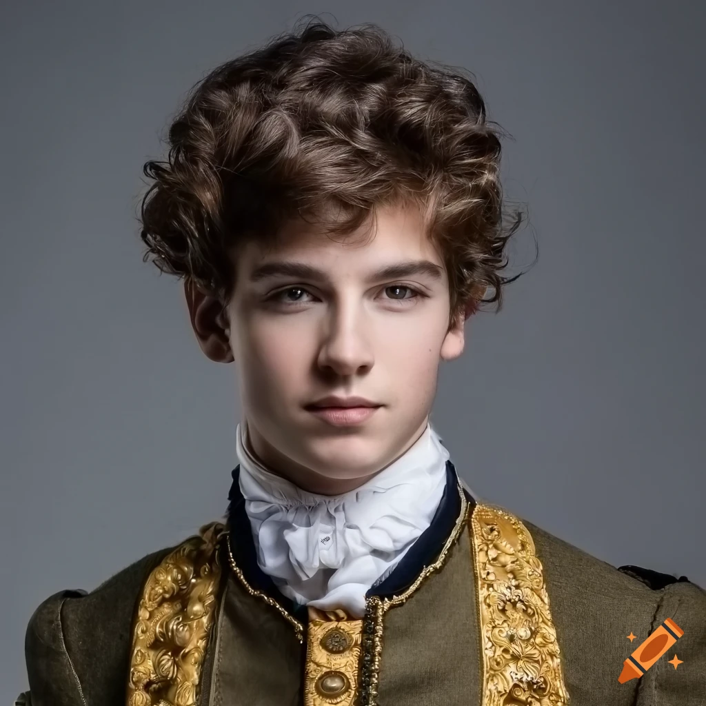 Young male model with dark green eyes and brown wavy hair in 18th ...