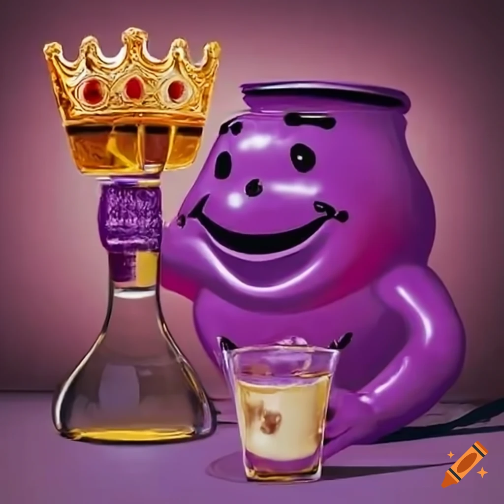 Purple kool-aid man breaking through a wall with a whisky punch glass ...