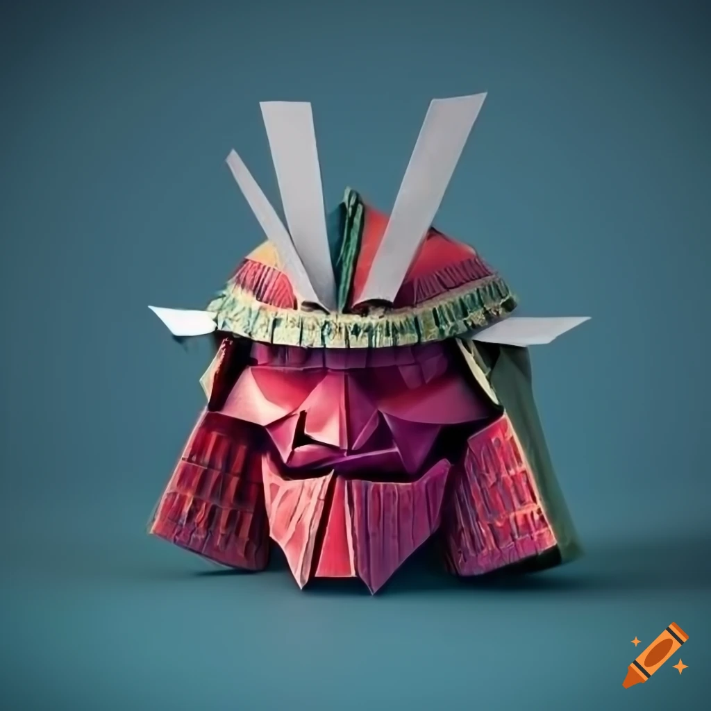 High poly origami samurai head on blue wood background on Craiyon