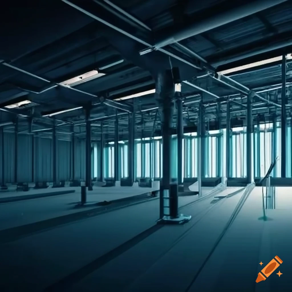 Factory scene with detailed cable containment structures on the ceiling ...