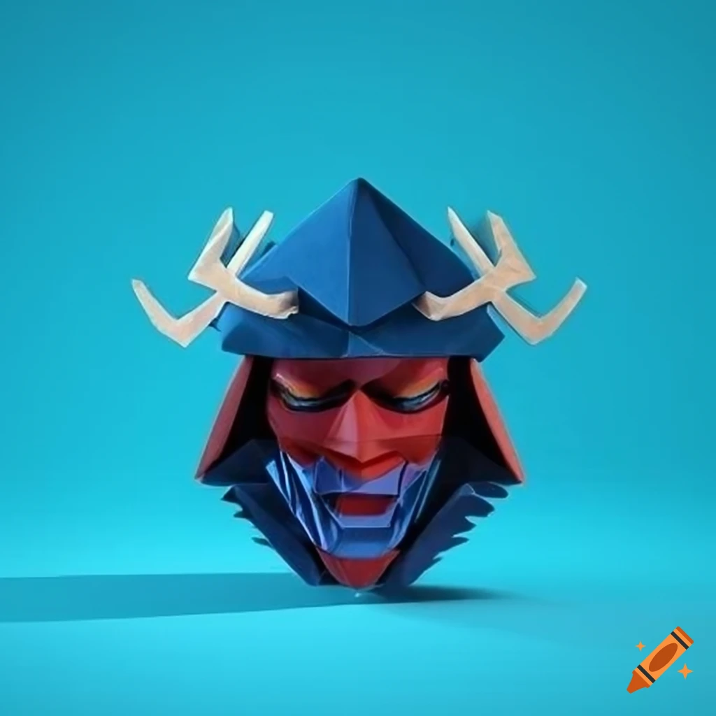 Origami high poly samurai head on blue wood background on Craiyon