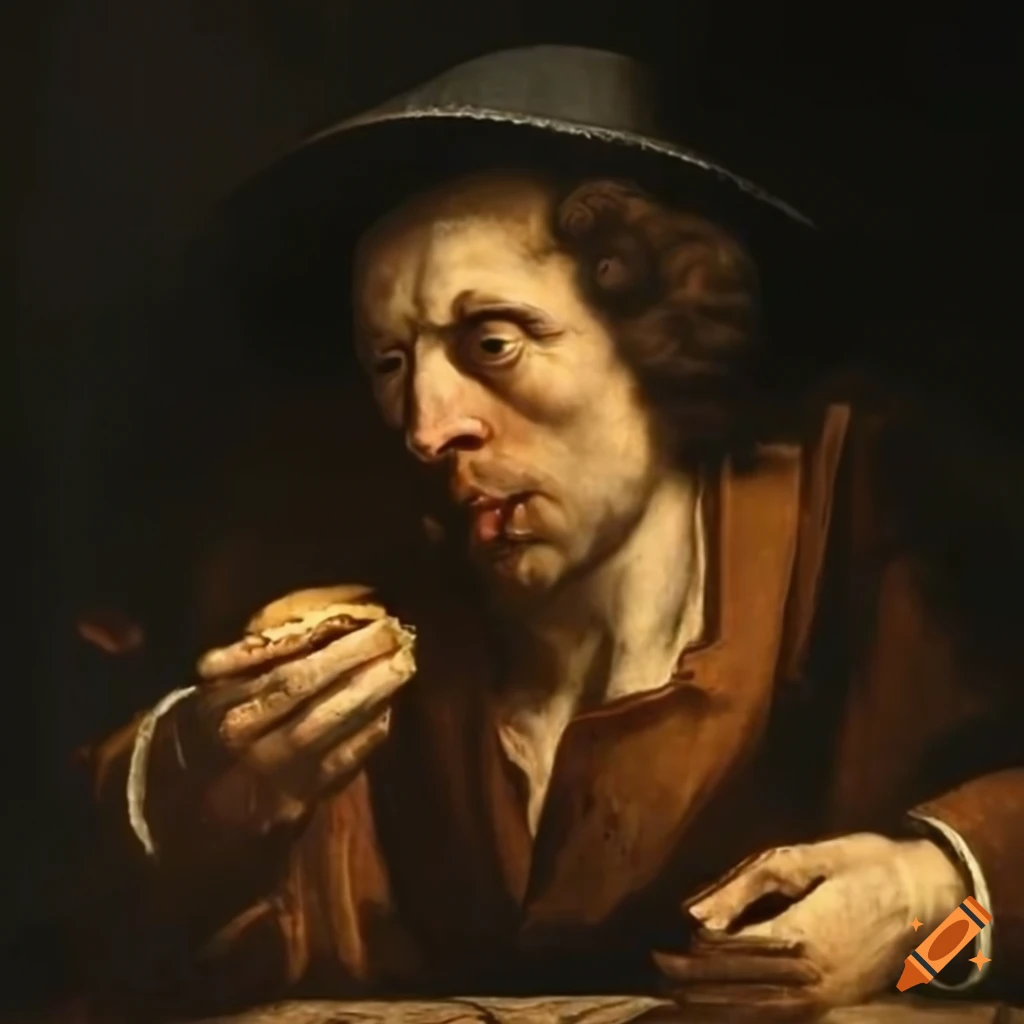 Self portrait of a man eating a sandwich at a table with dramatic ...