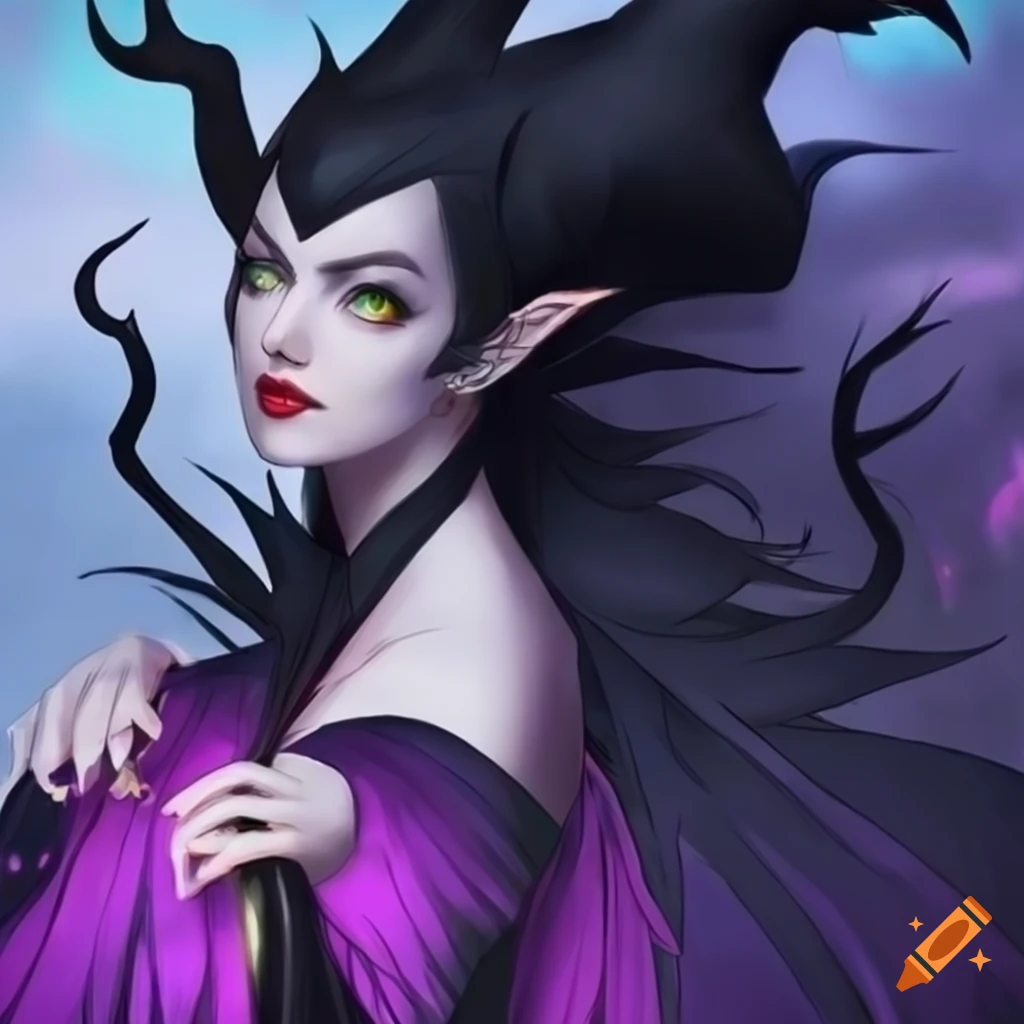 Anime-style female character in maleficent costume in a fantasy setting ...