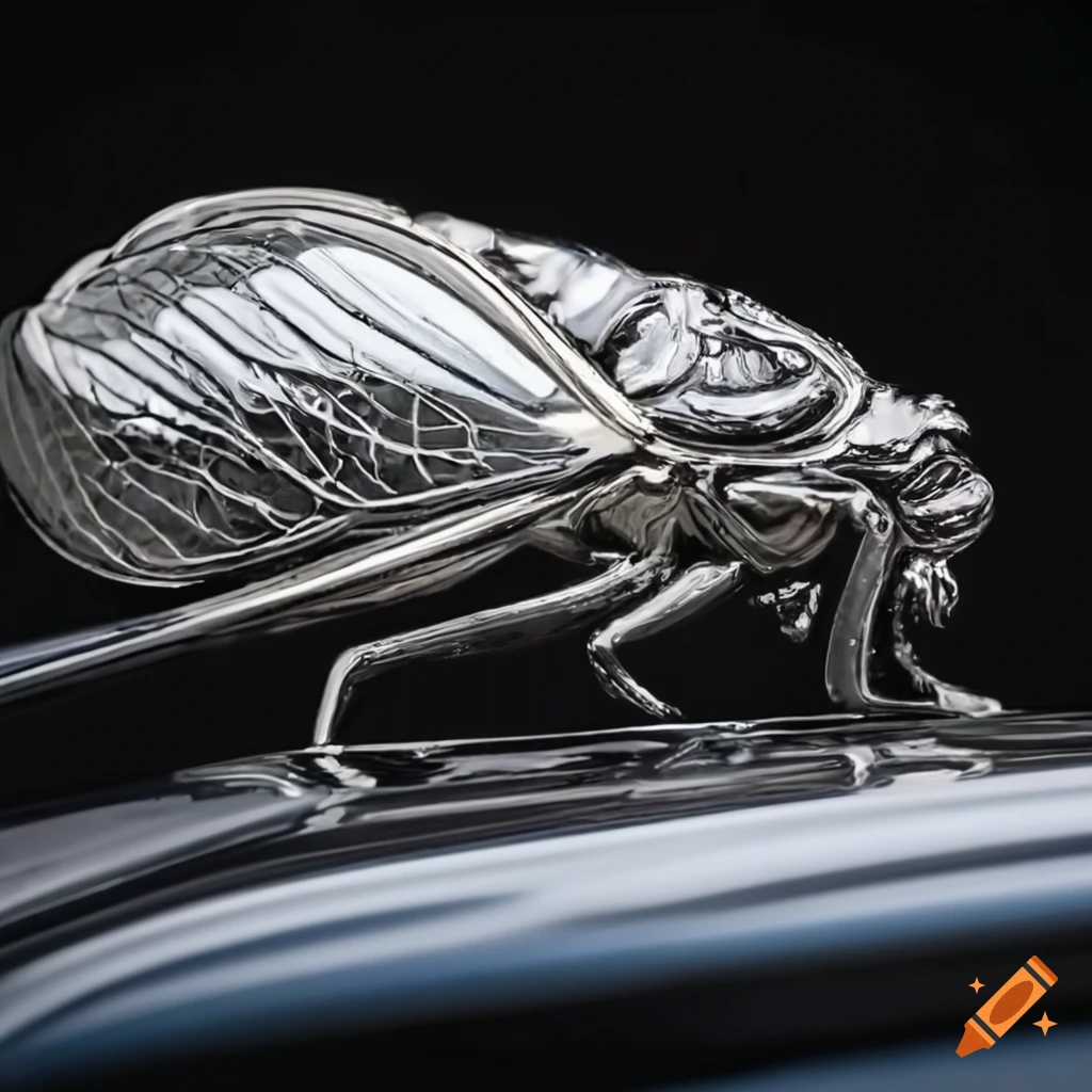 Close-up lens cicada silver hood ornament on cadillac seville on Craiyon