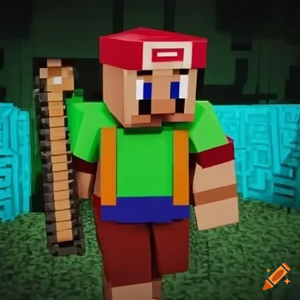 Mario and luigi meeting steve and alex in a crossover scene on Craiyon