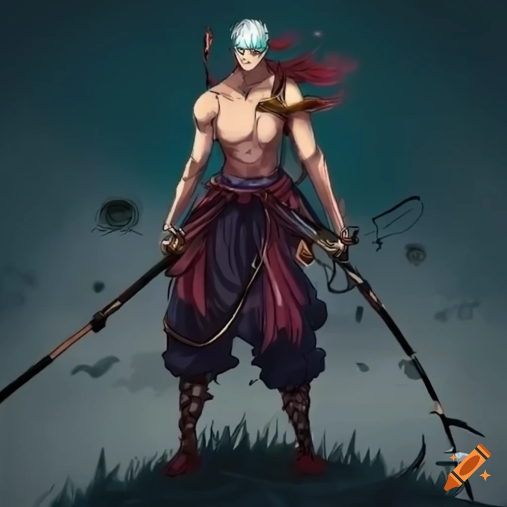 Anime-style warrior wielding a fishing rod as a weapon on Craiyon