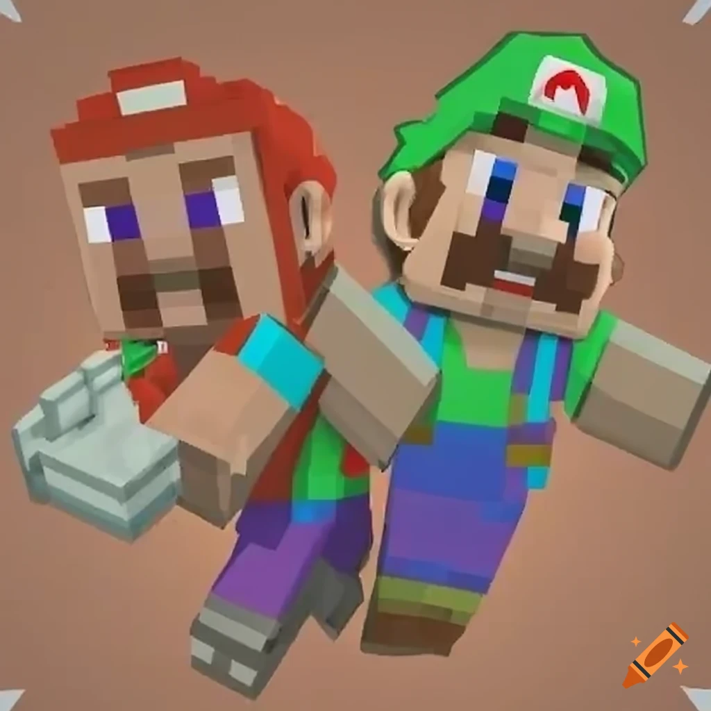 Mario and luigi meeting steve and alex from minecraft on Craiyon