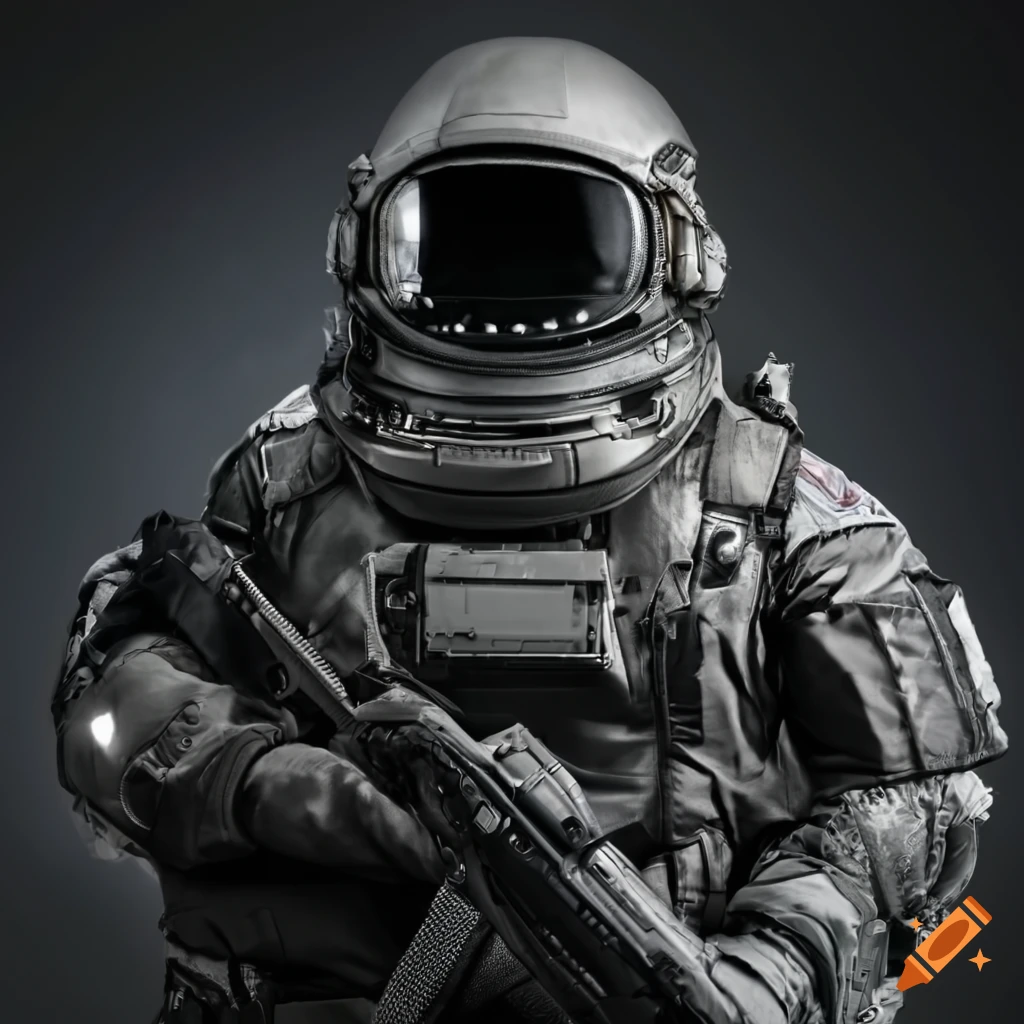 Heavily armored astronaut in a tactical spacesuit on Craiyon