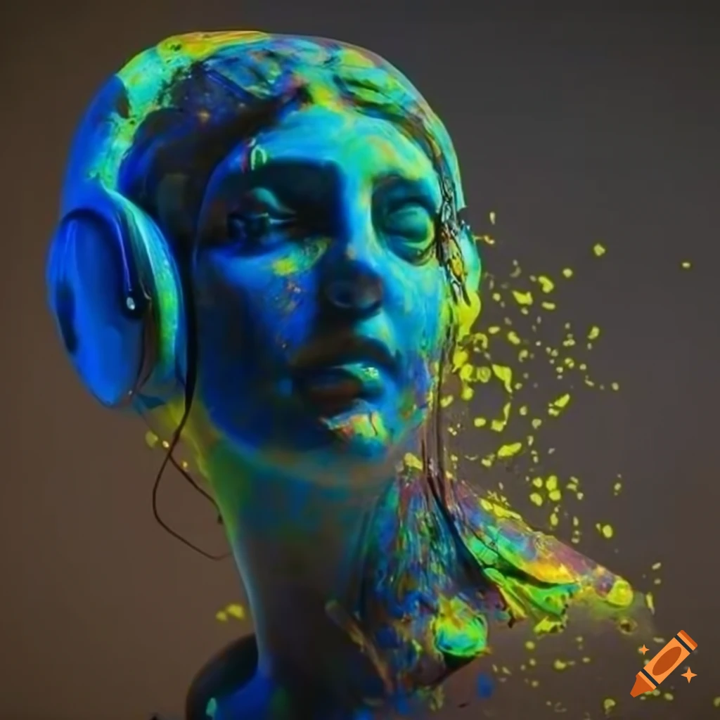 Female marble statue head with headphones in an industrial setting ...