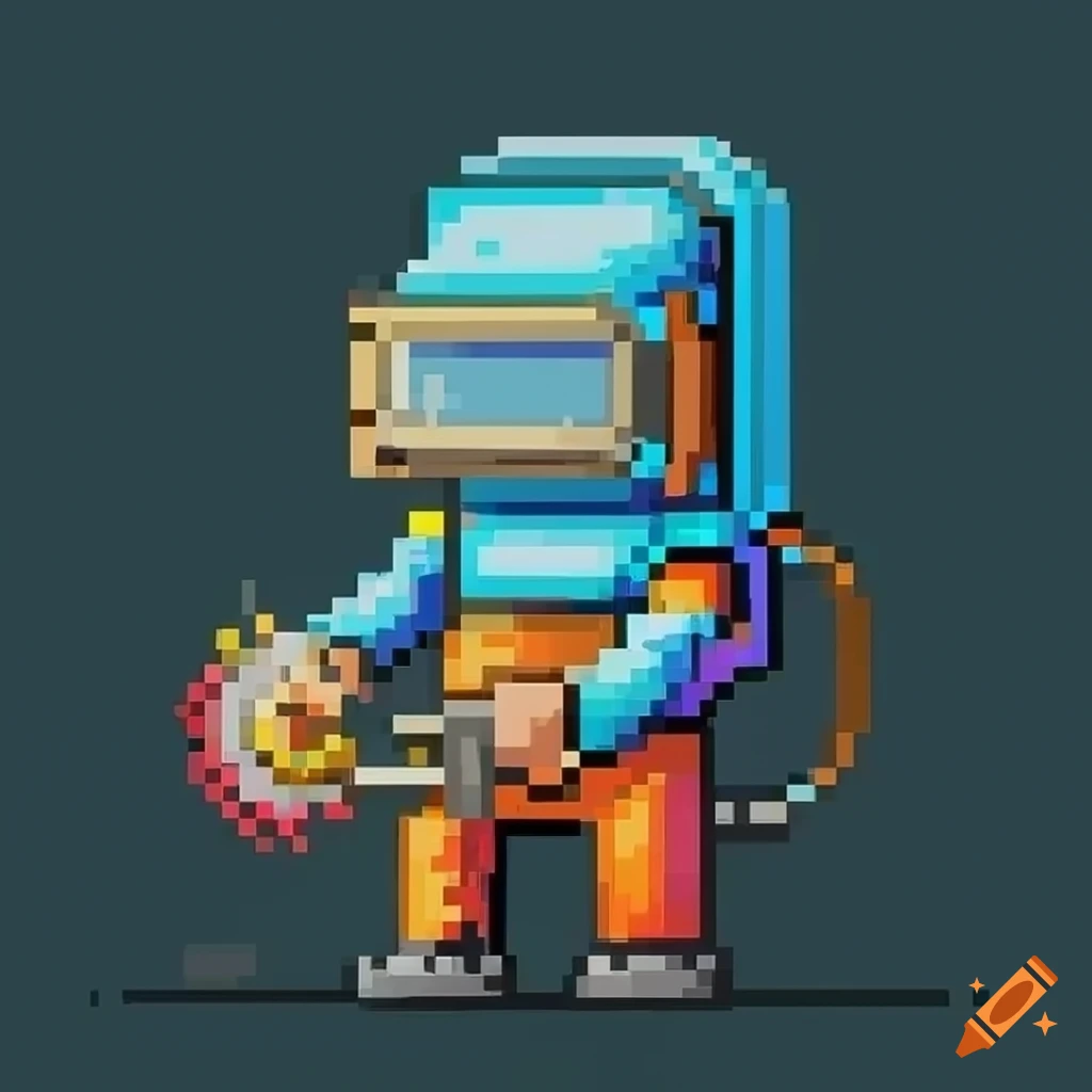 Pixel art style welder holding a token on Craiyon