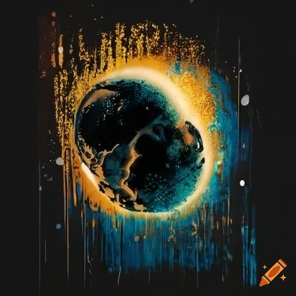 Graffiti painting of moon over ocean in gold on black canvas on Craiyon