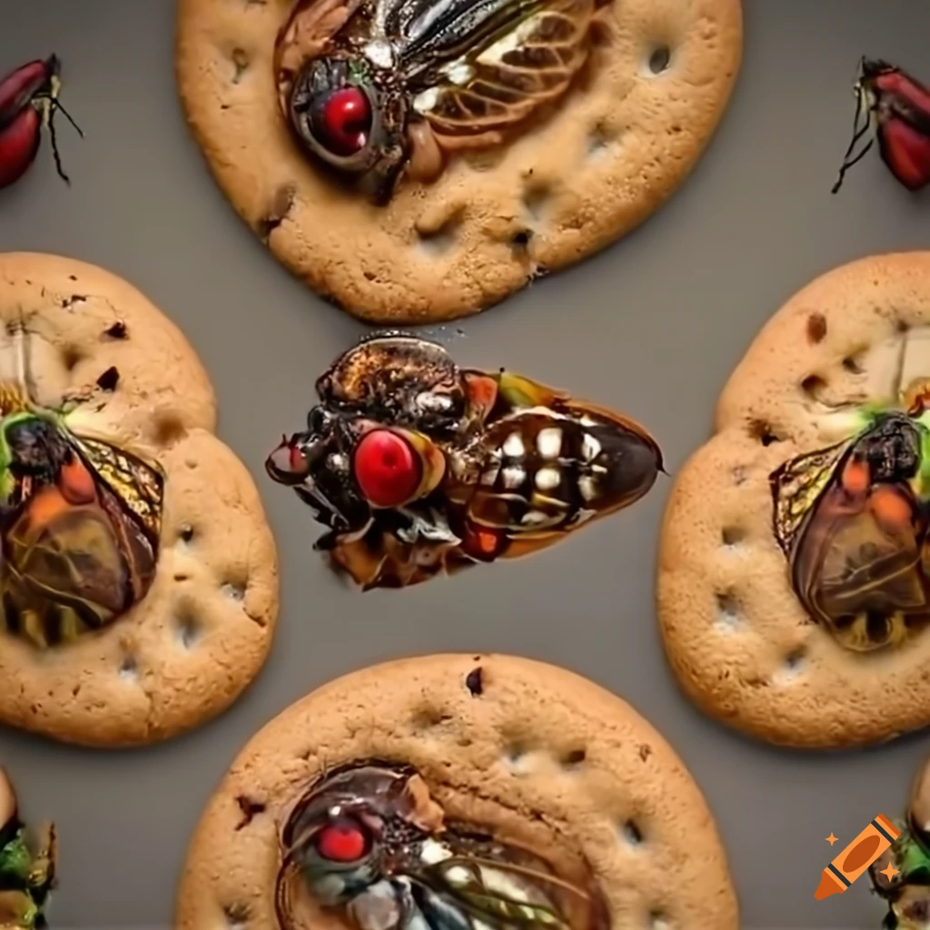 Brown and green cicadas mixed into cookies on Craiyon