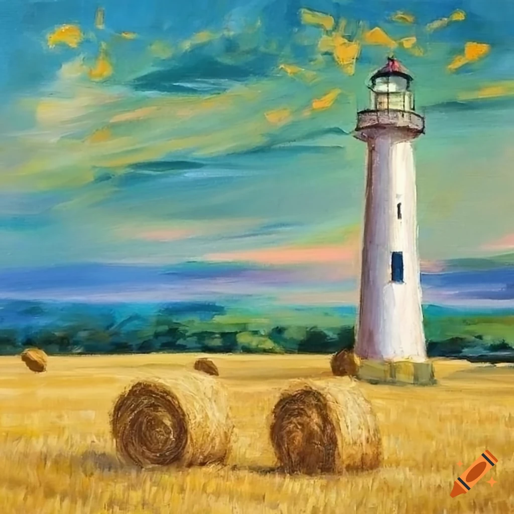 Lighthouse in a golden wheat field with hay bales in the distance, oil ...