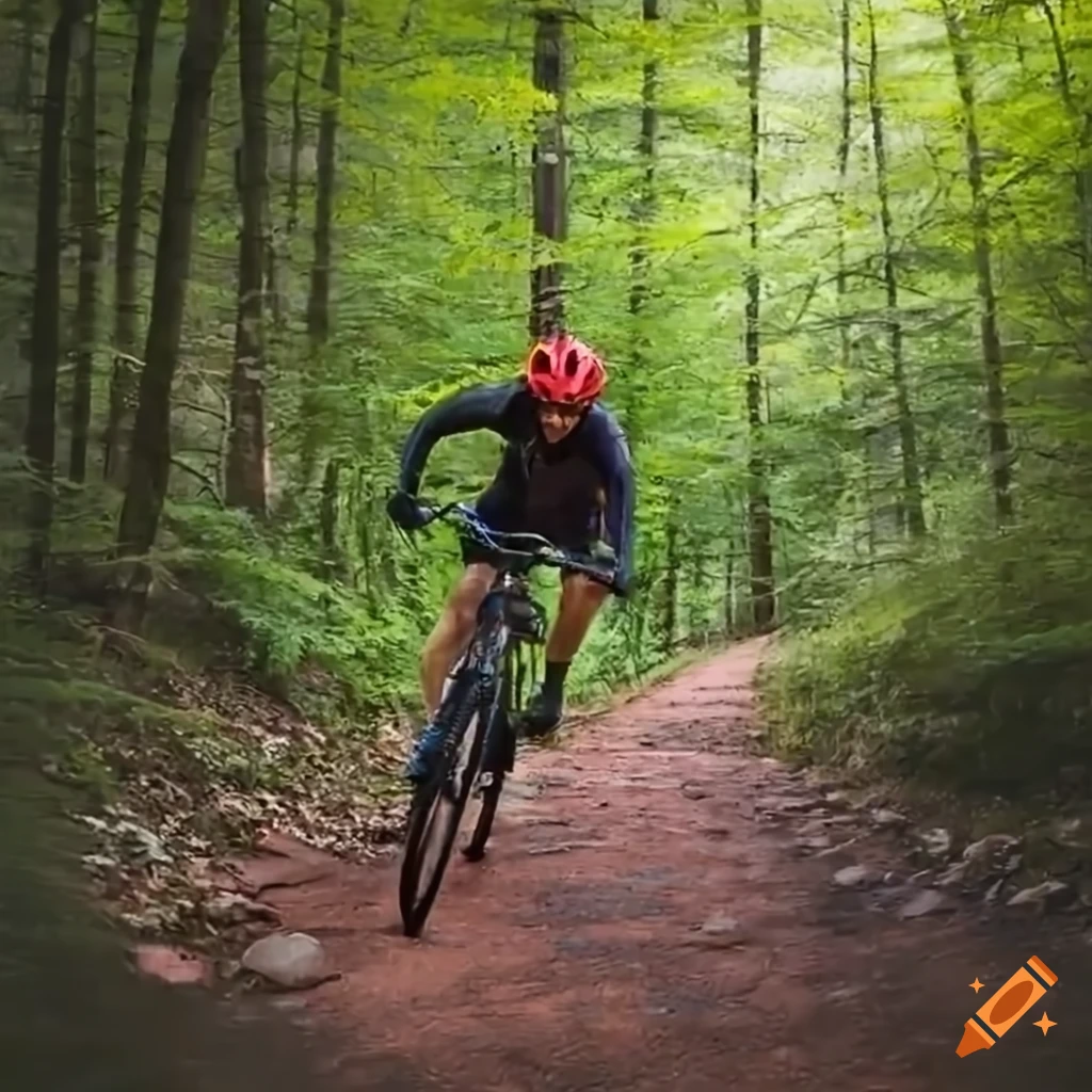 Mountain biker cycling in forest with red helmet and river on Craiyon