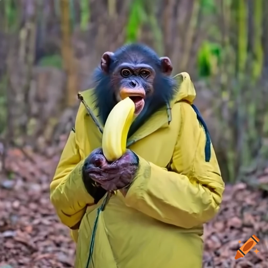 Laughing chimpanzee in a bright yellow parka with a banana with bat ...