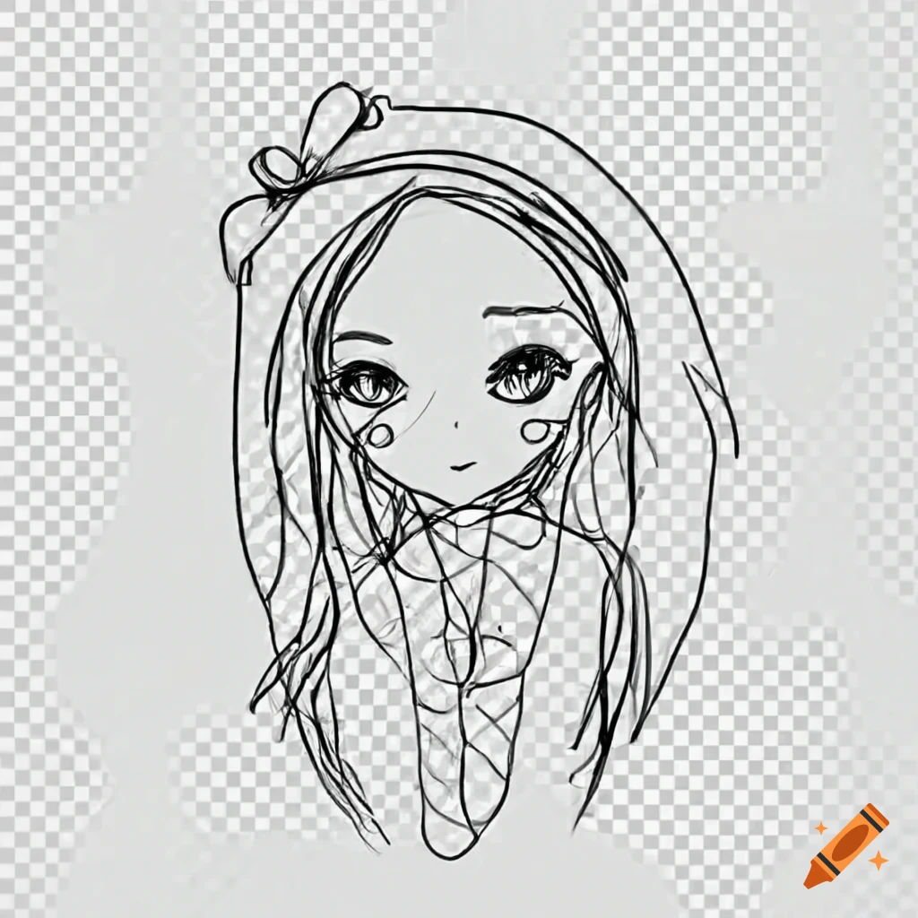 Simple black and white one line drawing of a whimsical girl with a ...