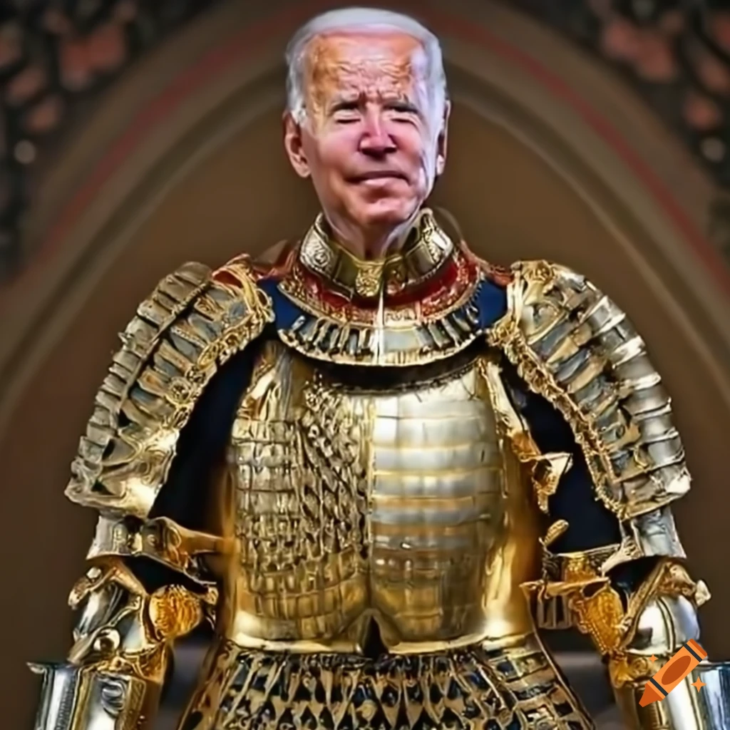 President biden depicted as a powerful king in golden armor symbolizing authority on Craiyon