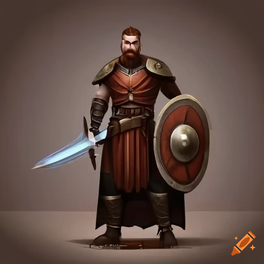Male warrior in leather armor with a magic sword and shield on Craiyon