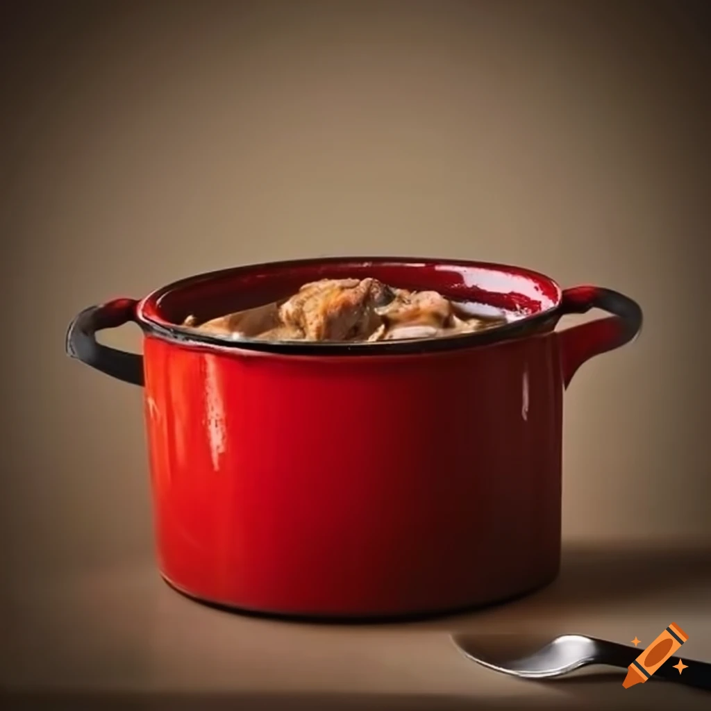 Pork stew in a red dutch oven pot on Craiyon