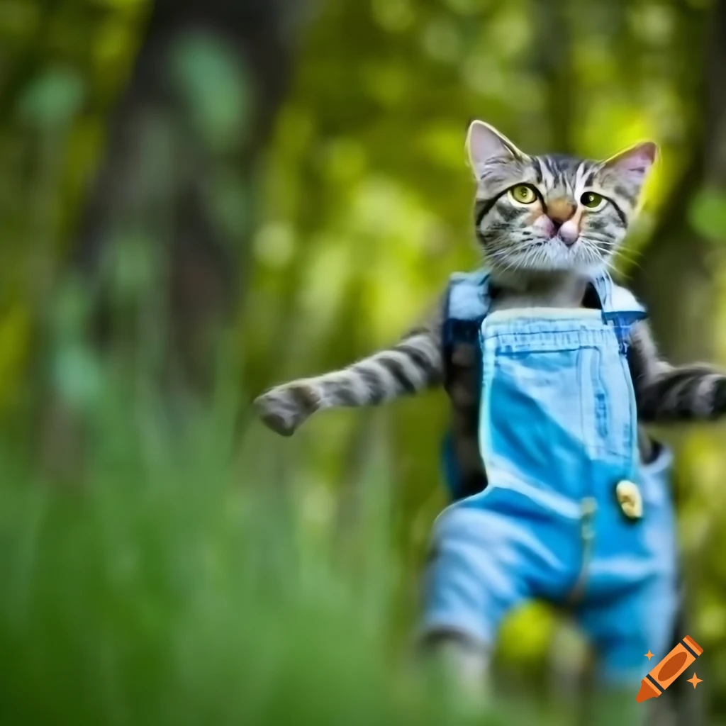 Cat in blue overalls standing outdoors on Craiyon