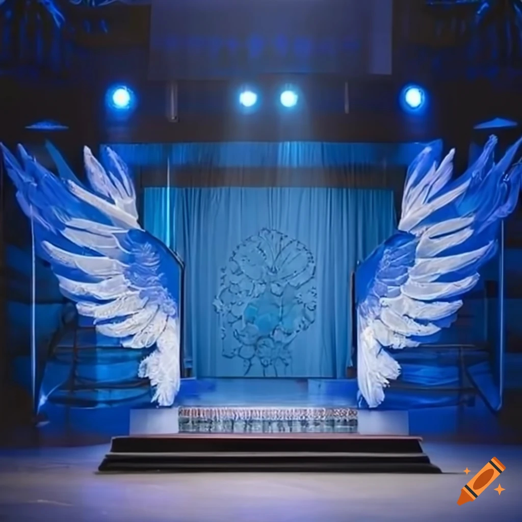 Graduation ceremony stage design with wings in blue and silver colors ...