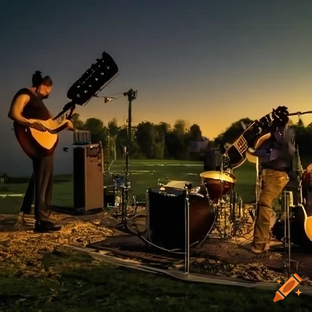 Local band performing live in a park at sunset on Craiyon