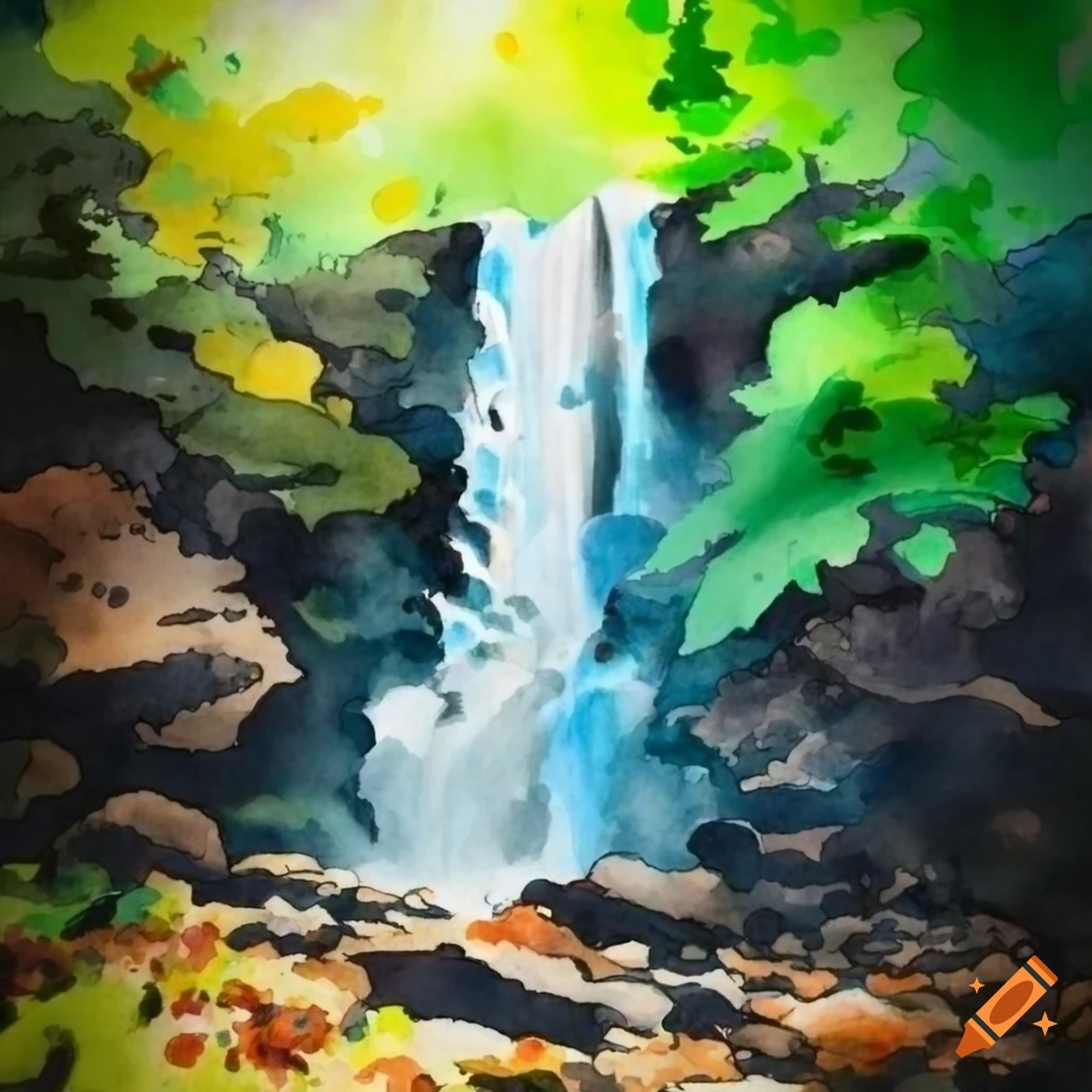 Beautiful watercolor waterfall cascading through woodland on Craiyon