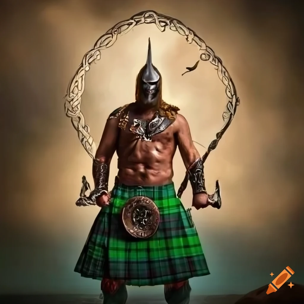 Celebrated Celtic hero in a great kilt with victorious warrior pose on ...