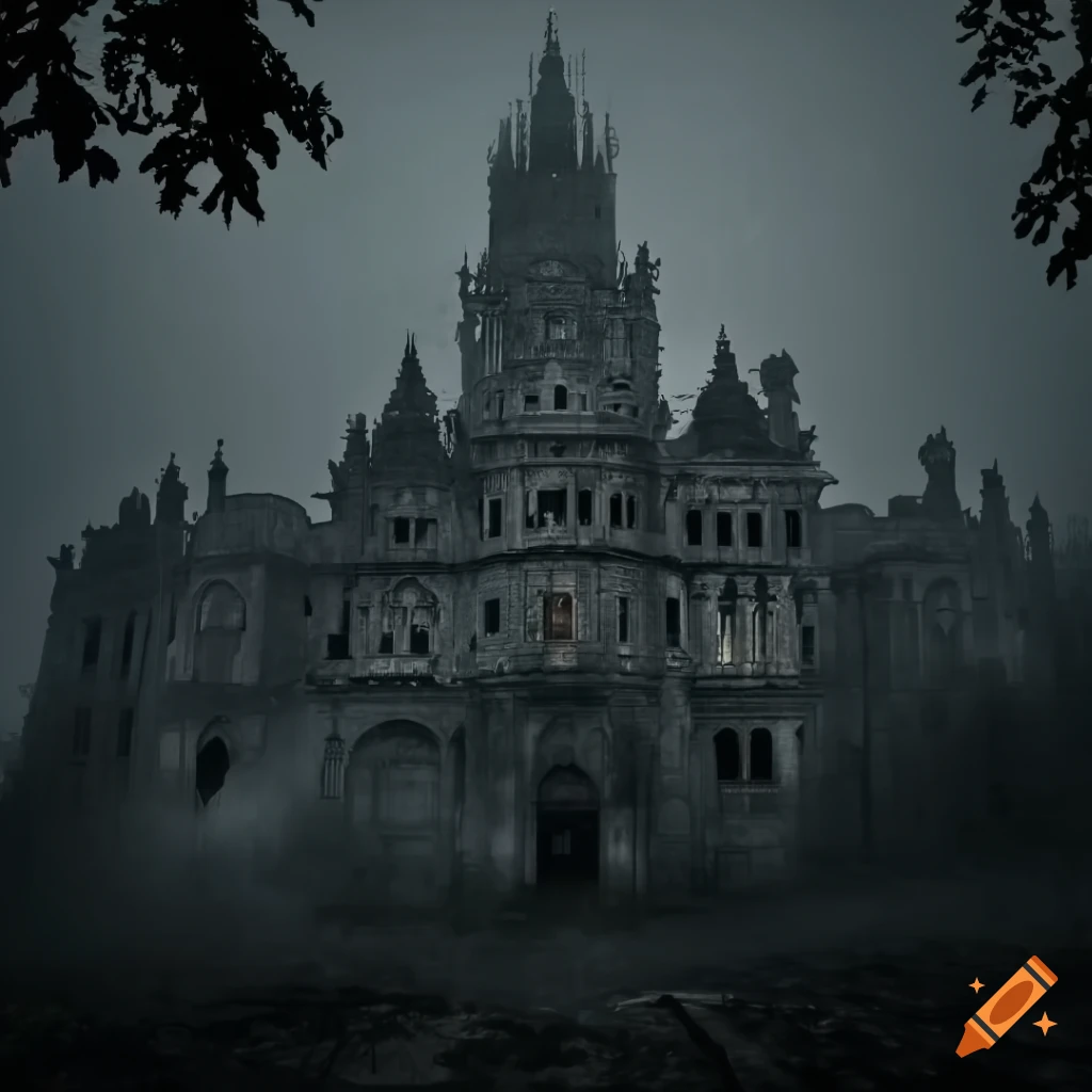 Abandoned palace in the dark night with spiky architecture and fog on ...