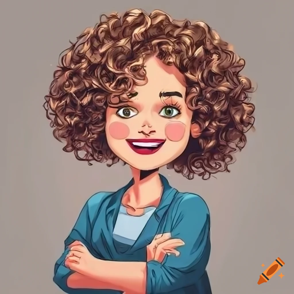 Happy female teacher with short brown curly hair going to school in ...