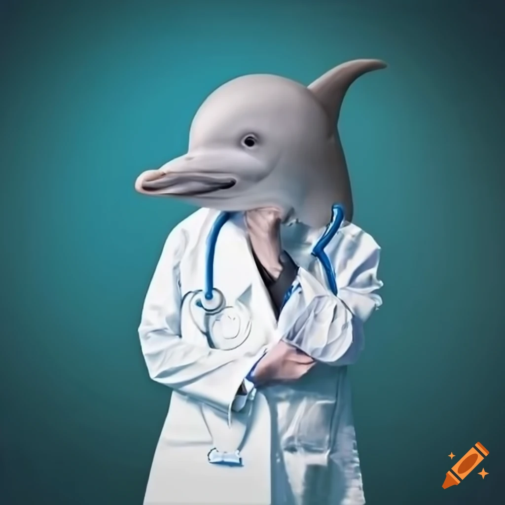 Doctor Dolphin in a white lab coat with a stethoscope on Craiyon