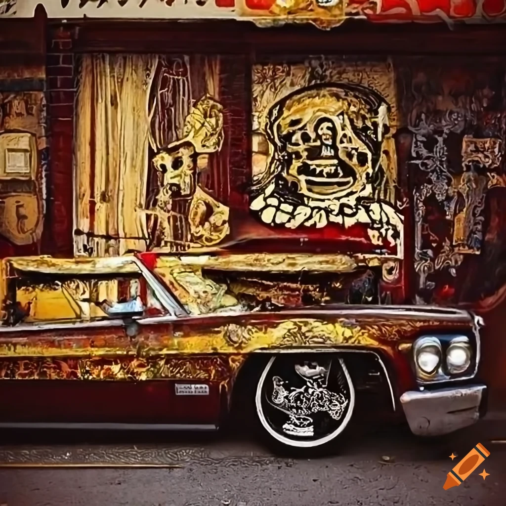 Unique low rider car throne with gold accents in a graffiti street ...
