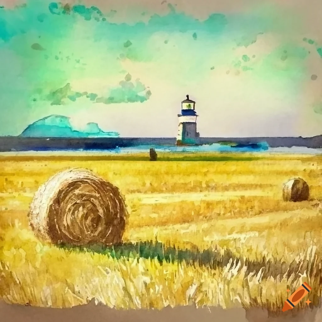 Golden wheat field with bales and a distant lighthouse in watercolor on ...