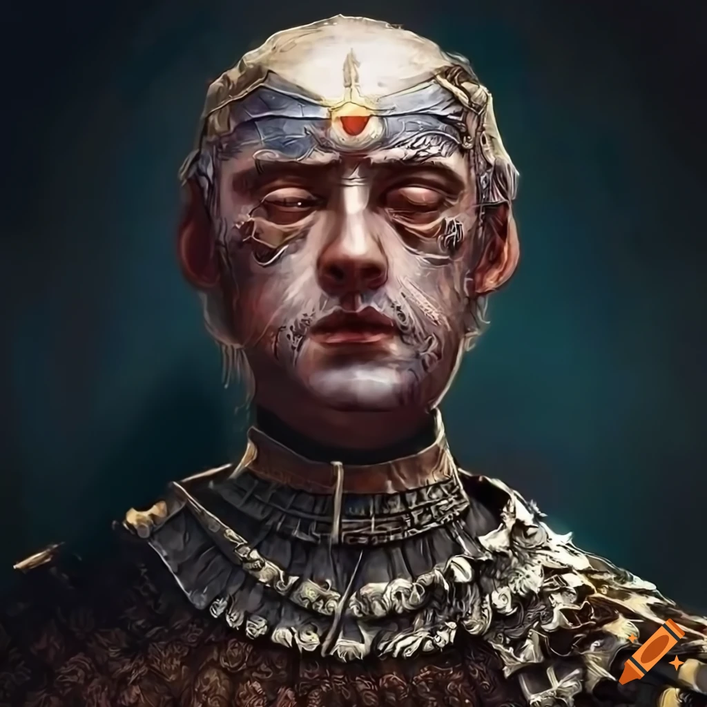 Portrait of a detailed medieval lord character symbolizing greed on Craiyon