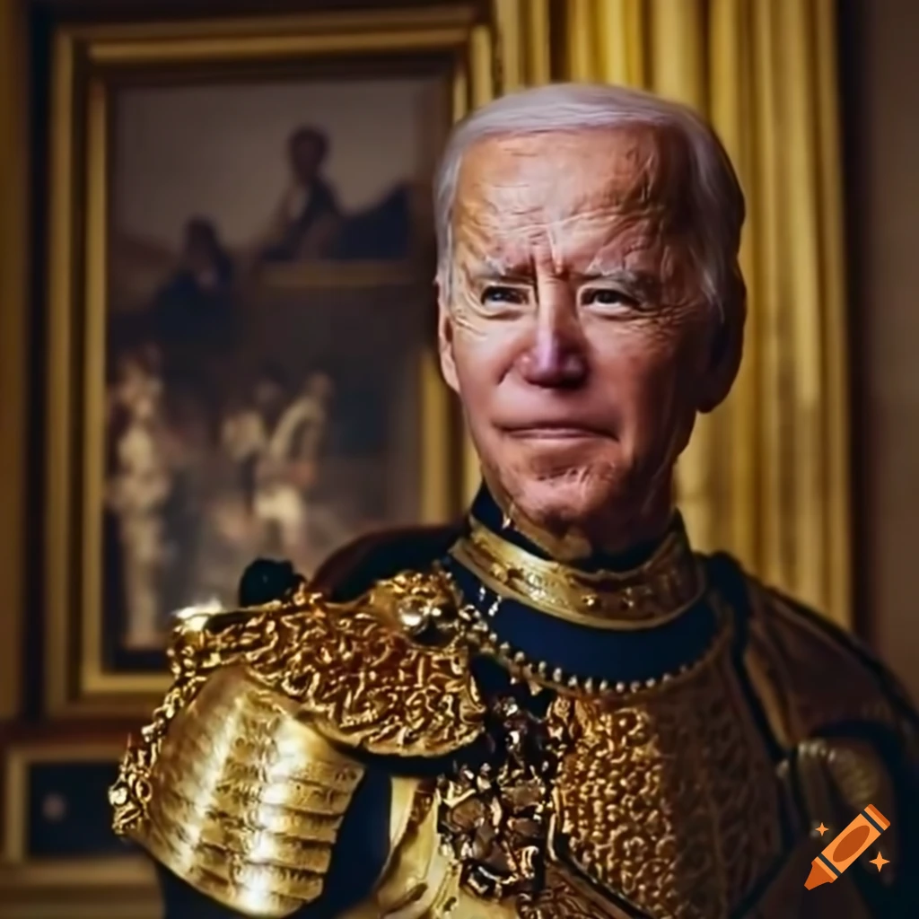 President biden depicted as a powerful king in golden armor symbolizing authority on Craiyon