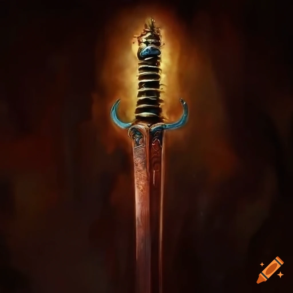 Intricately detailed full-size painting of a beautifully crafted sword ...