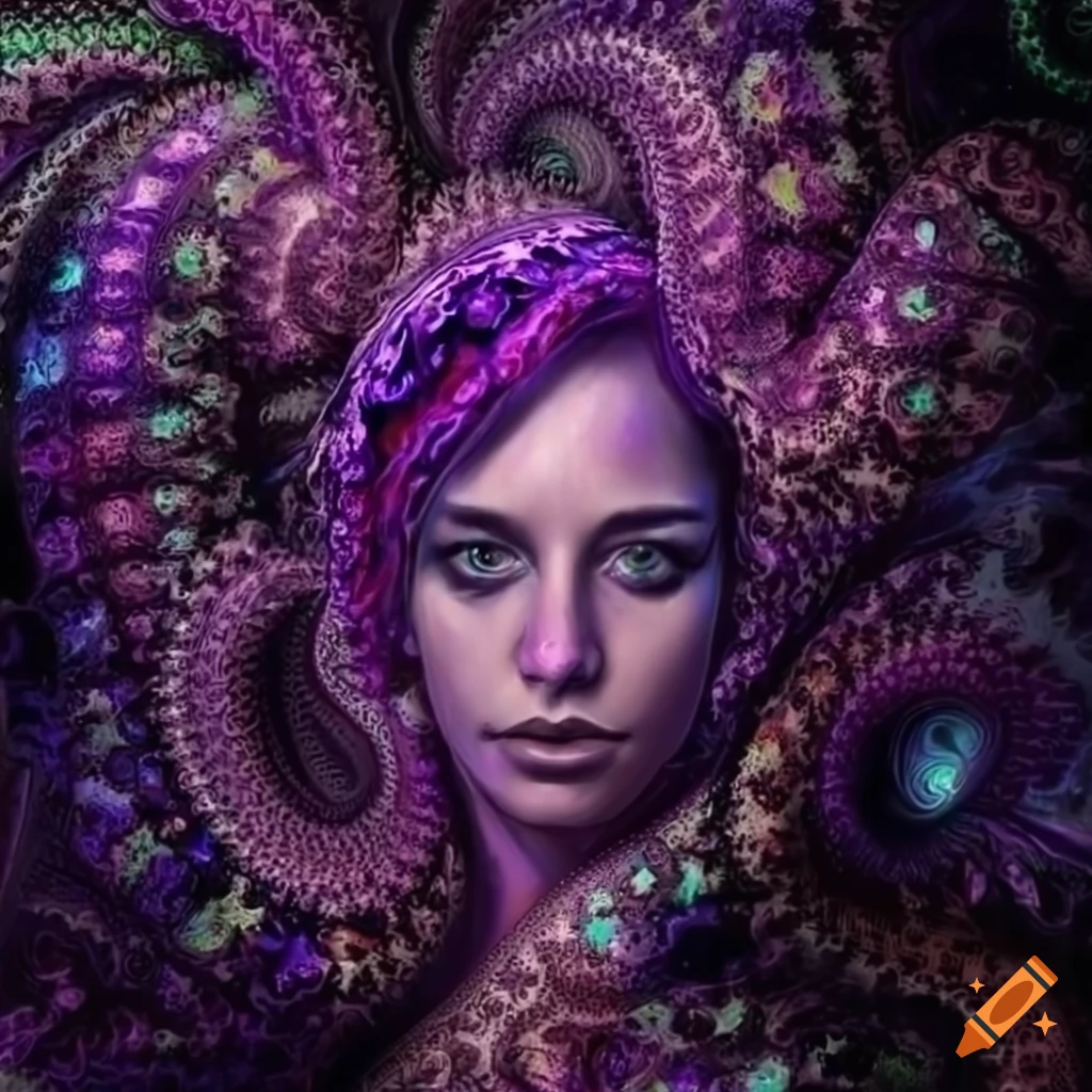 Beautiful lamia portrait in a purple fractal forest setting on Craiyon