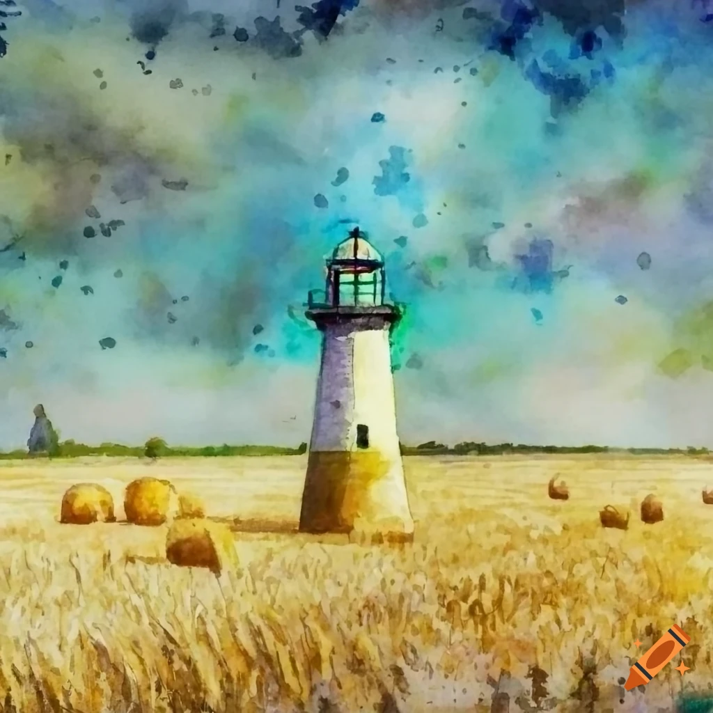 Lighthouse in a golden wheat field with bales, watercolor painting on ...